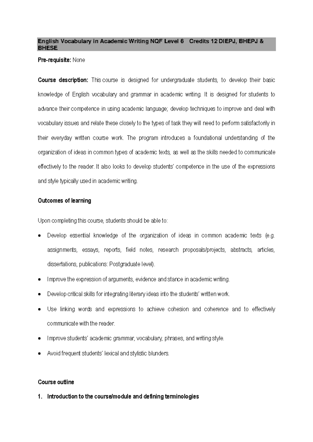 English Vocabulary in Academic Writing: Course Outline EVW60US - Studocu