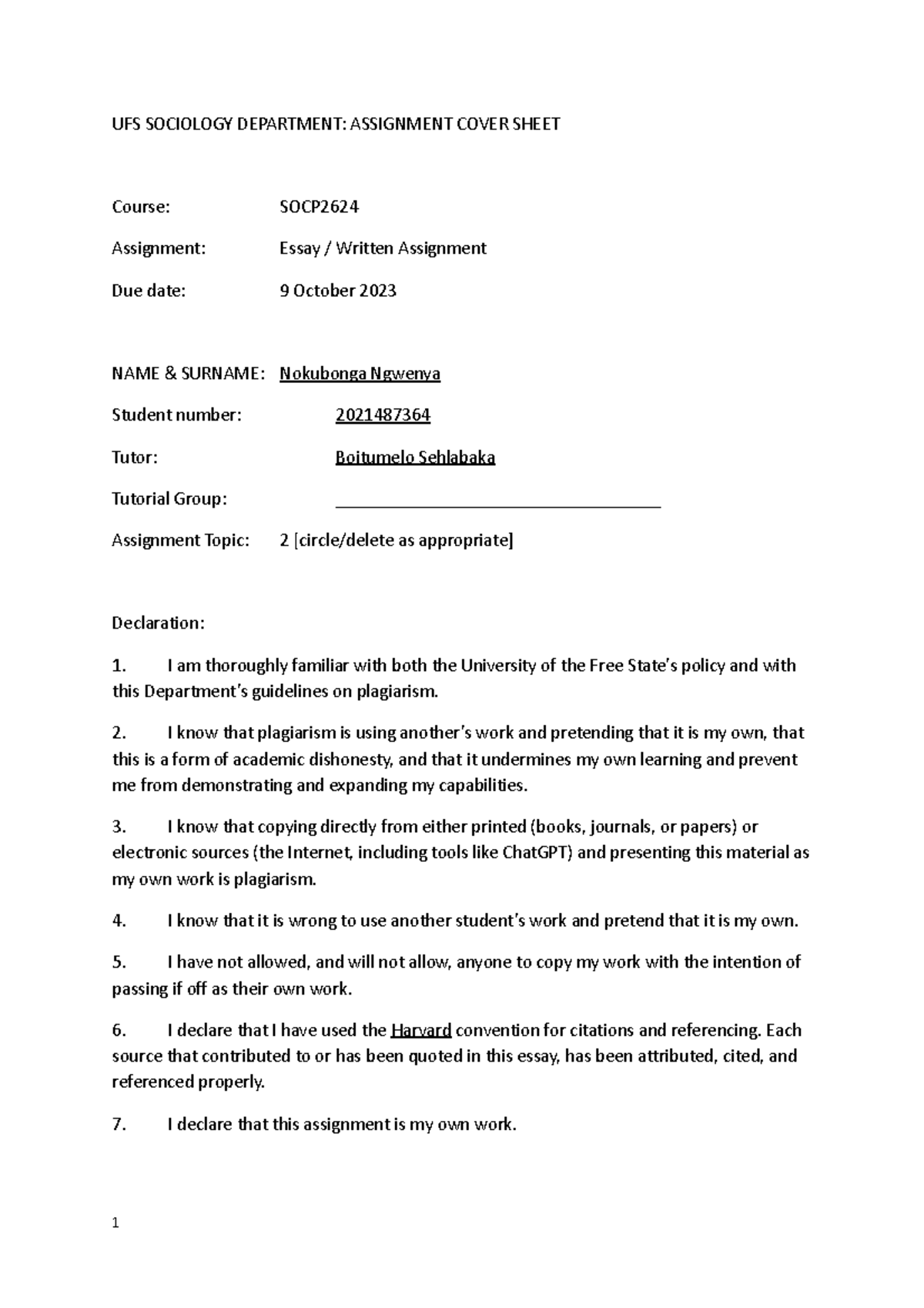 SOCP Assignment 1 - UFS SOCIOLOGY DEPARTMENT: ASSIGNMENT COVER SHEET ...