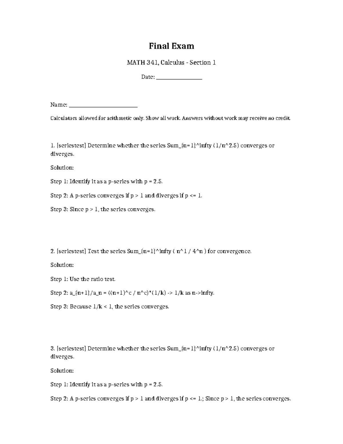 Final Exam Solutions for MATH 341: Series Convergence Tests - Studocu