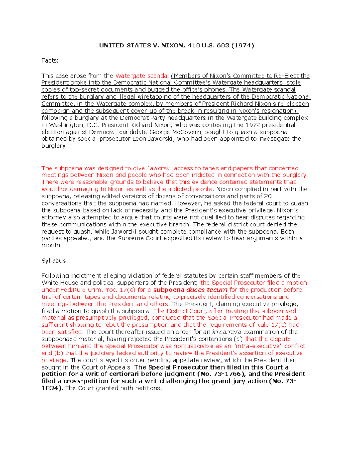 US v Nixon Case Study: Executive Privilege and Judicial Review - Studocu