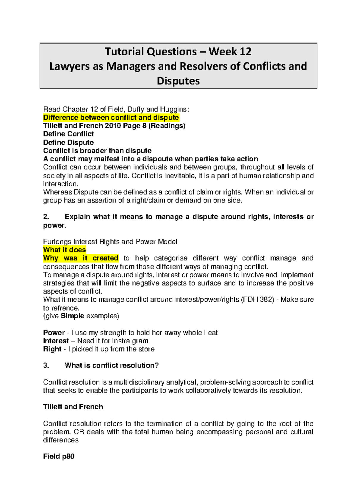 LLB103 Week 12 Tutorial: Lawyers as Managers & Conflict Resolution ...