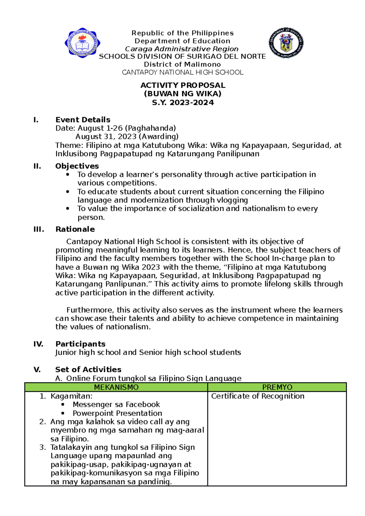 Activity Proposal for Buwan ng Wika 2023 at Cantapoy National High ...