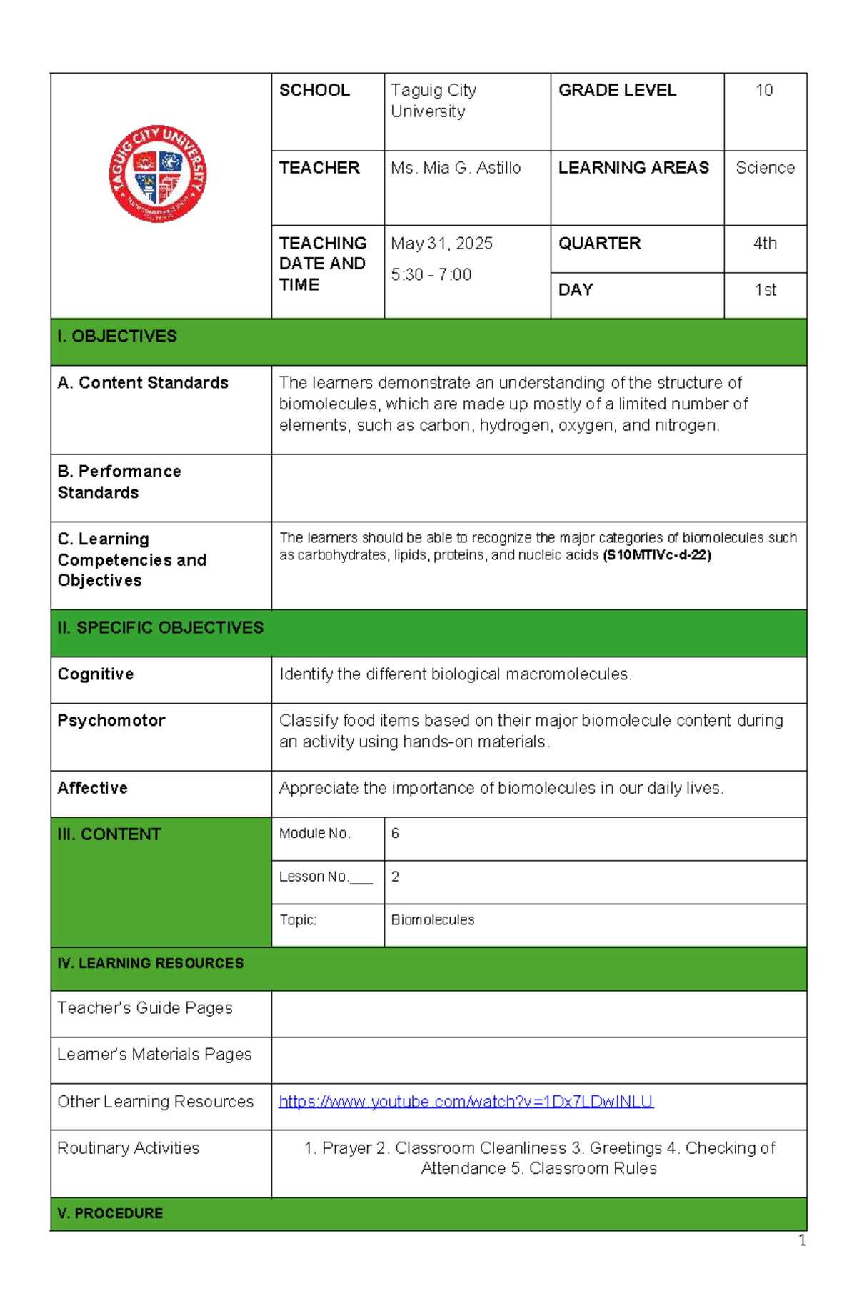 DLP: Lesson Plan on Biomolecules for 10 Science (Quarter 4, Day 1 ...