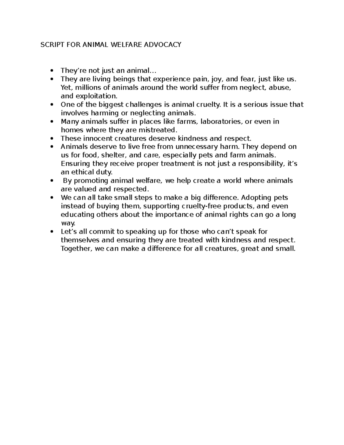 Script for Animal Welfare Advocacy: A Call for Compassion - Studocu