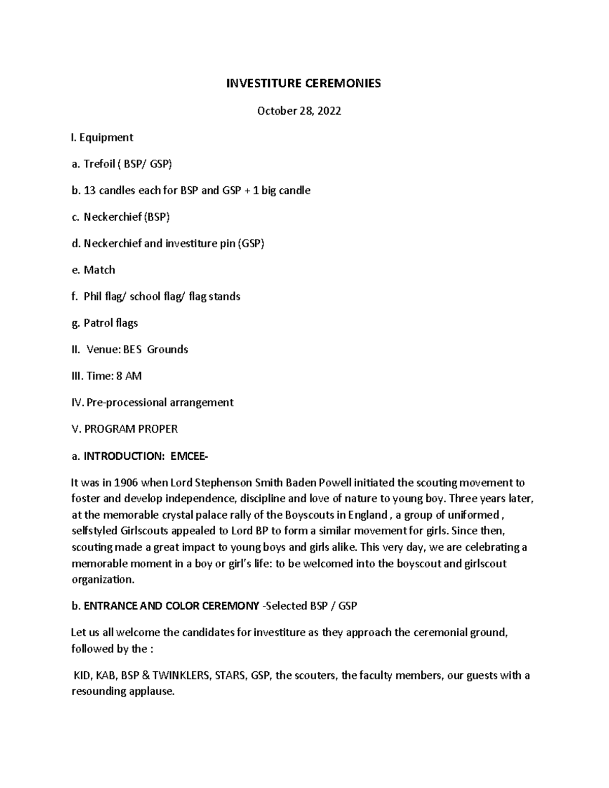 SCRIPT FOR INVESTITURE - INVESTITURE CEREMONIES October 28, 2022 I ...