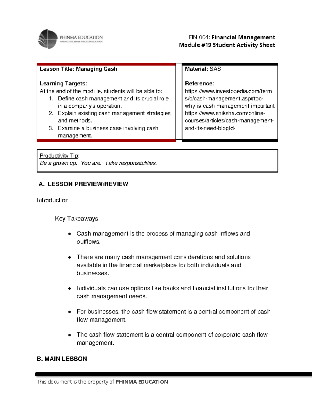 FIN 004: Financial Management Lesson on Effective Cash Management ...