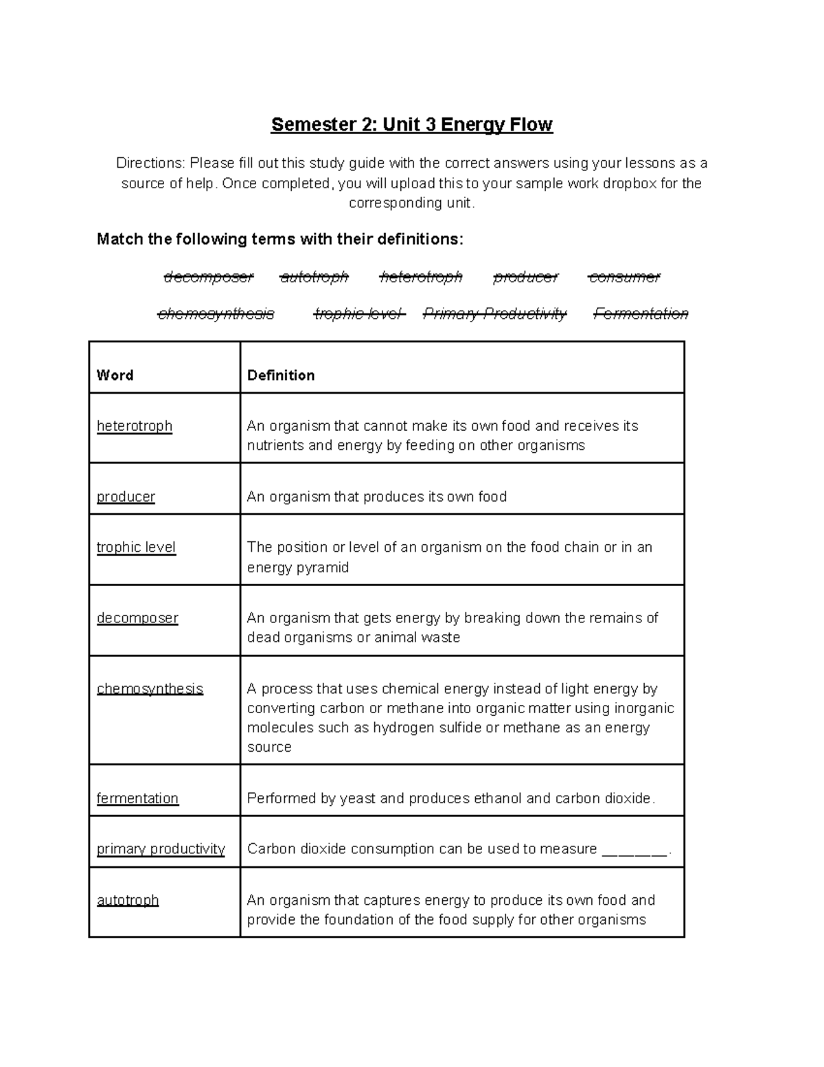 Honors Biol 101 Unit 3 Energy Flow Study Guide & Review - Studocu