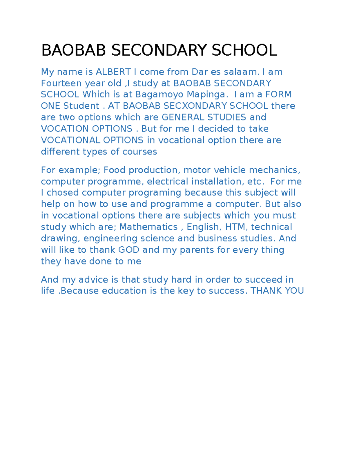 BAOBAB SECONDARY SCHOOL: My Journey as a FORM ONE Student - Studocu