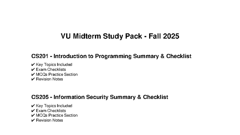 VU Midterm Study Pack - preparation - VU Midterm Study Pack - Fall 2025 CS201 - Introduction to ...