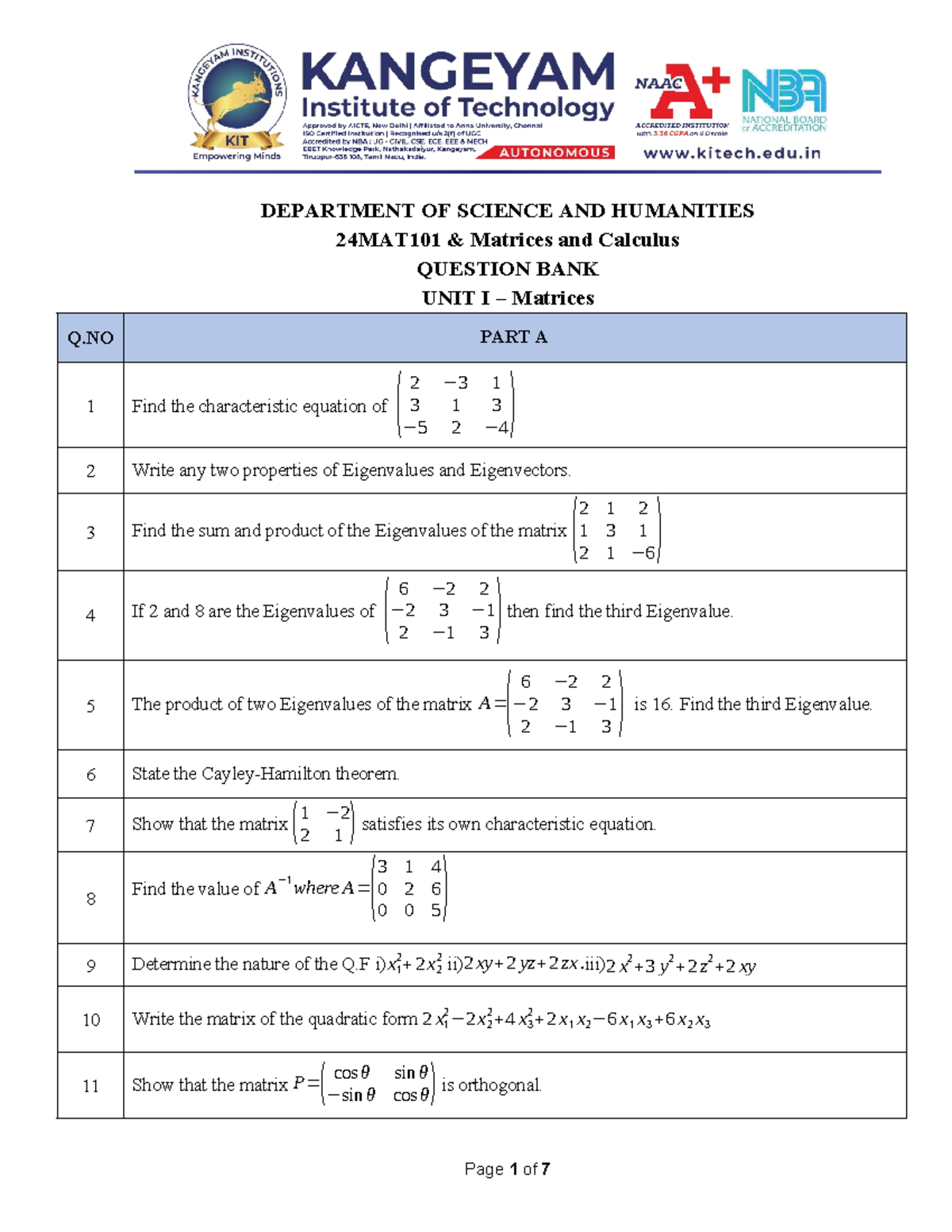 Matrices & Calculus - QB 24MAT101 2025 - Studocu