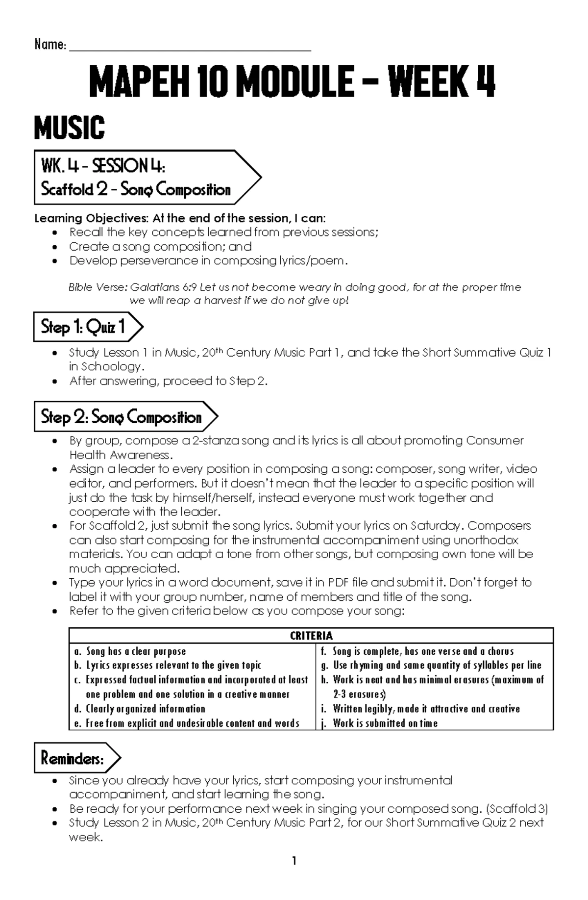 MAPEH 9 Module: 1st Quarter Week 5 Activities and Objectives - Studocu