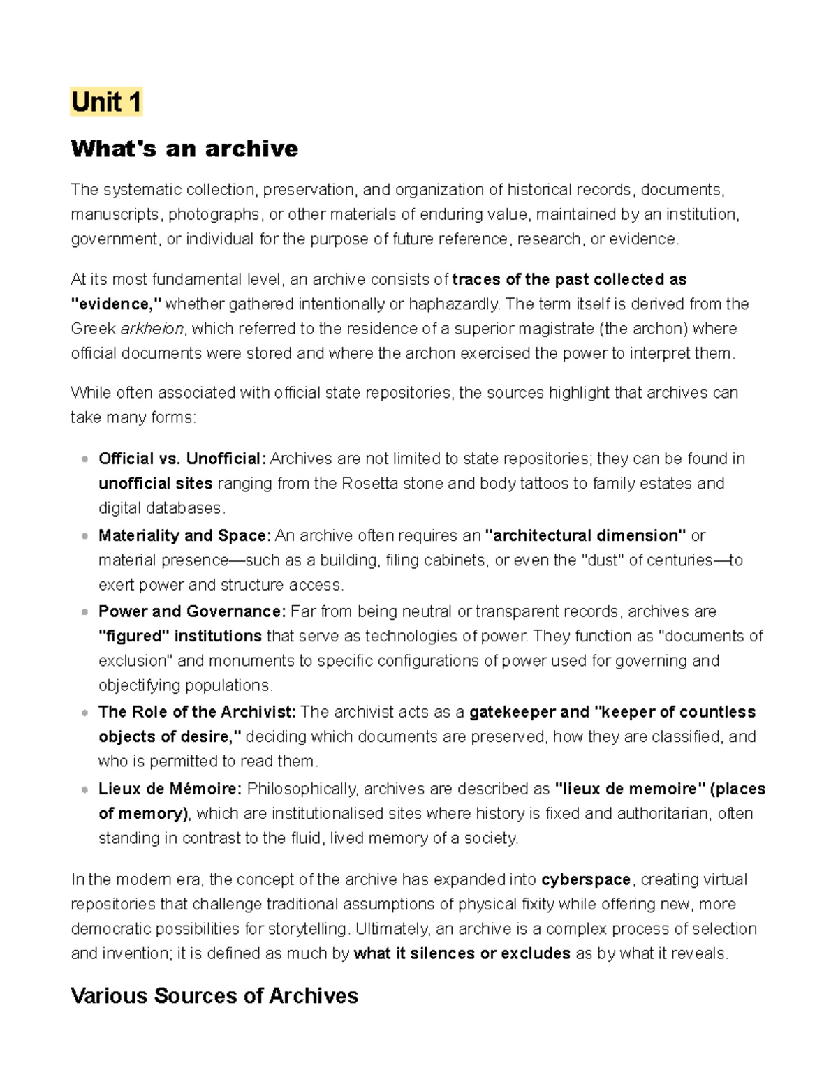 Unit 1: Understanding Archives - Collection, Preservation, and Power ...