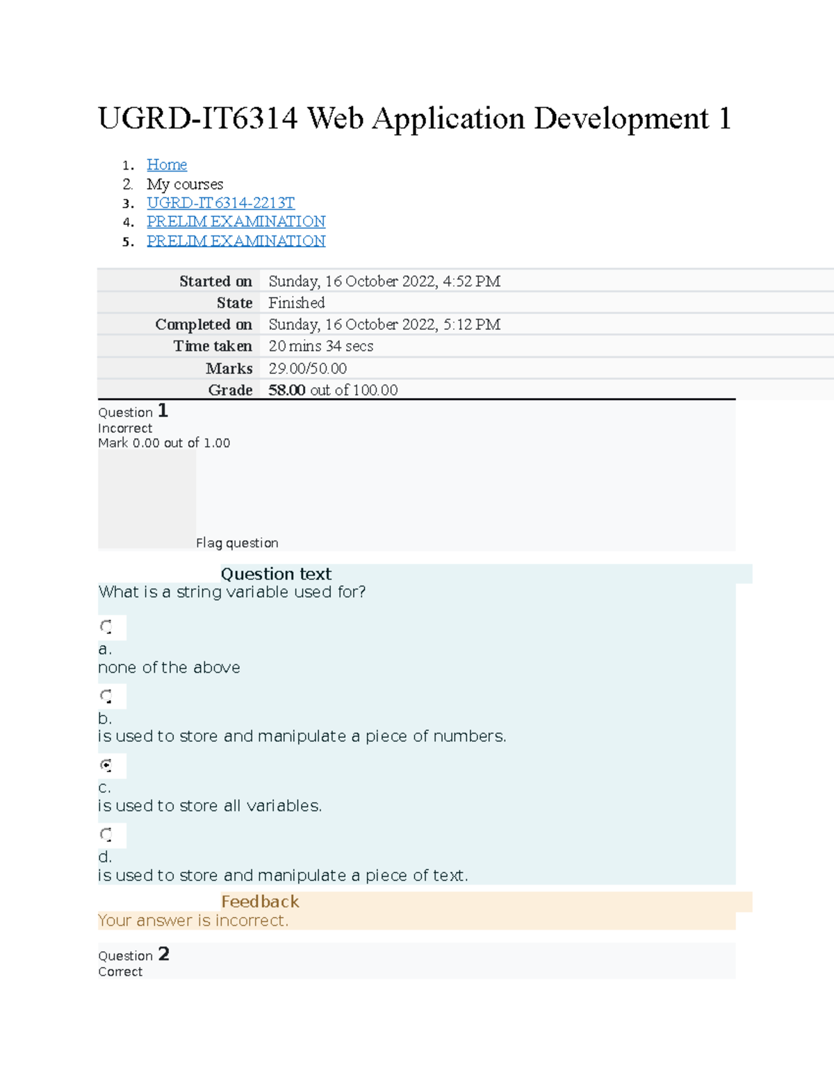 UGRD-IT6314 Web App Dev 1 Prelim to Final Exam Results & Feedback - Studocu