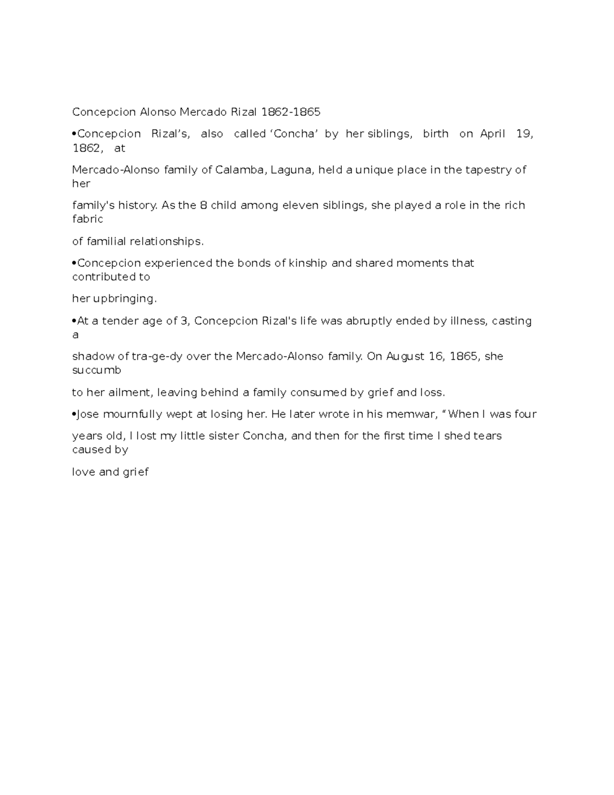 Rizal's Sister Concepcion: Life and Tragedy (1862-1865) - Studocu