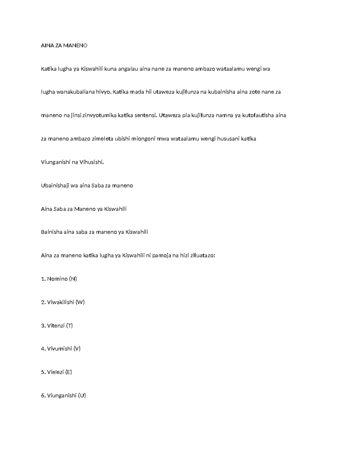 AINA ZA MANENO KATIKA KISWAHILI - KISW 101 MTAALA - Studocu