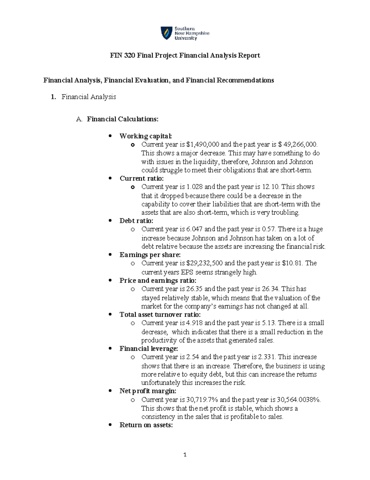 FIN 320 Final Project Financial Analysis Report - Financial ...