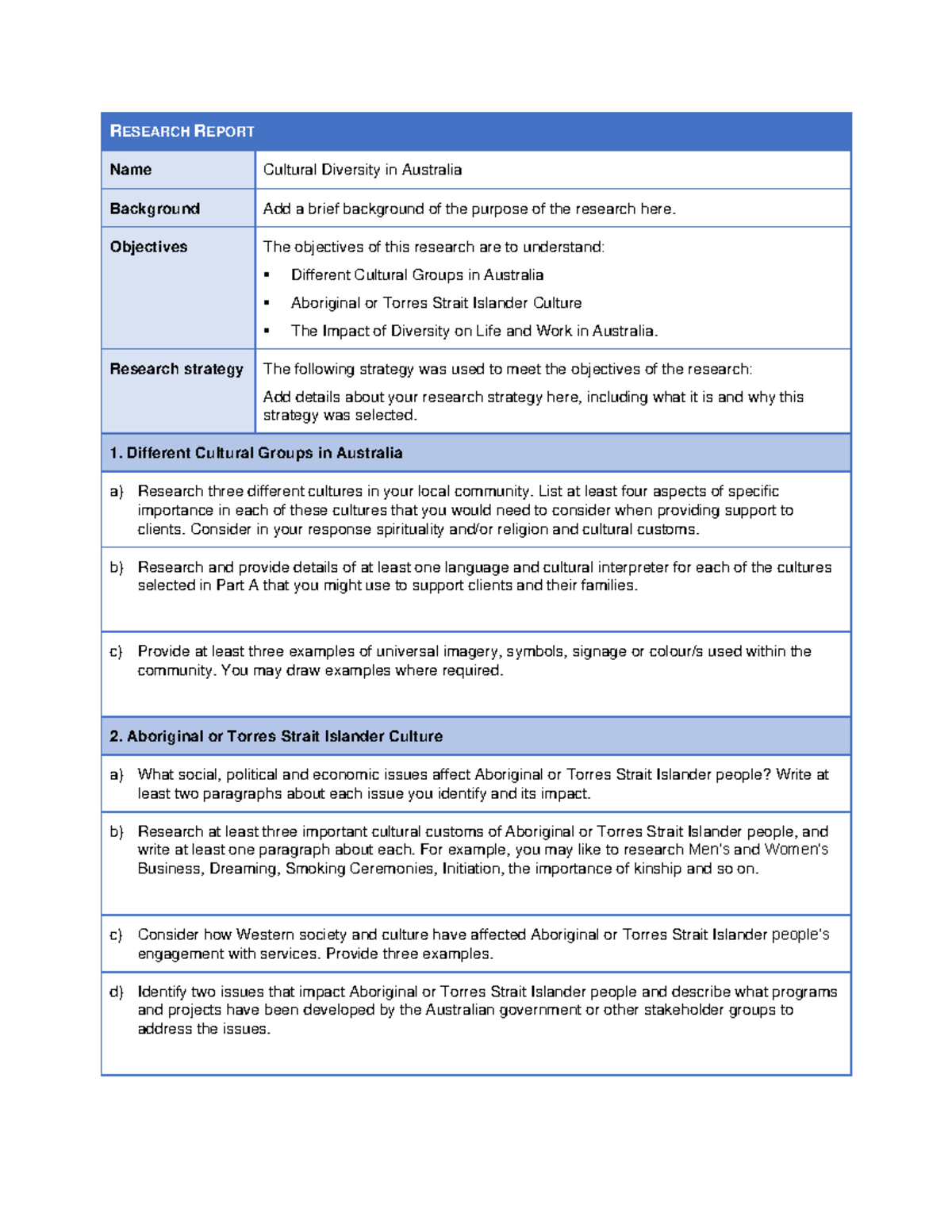 CHCDIV 001 Research Report on Cultural Diversity in Australia - Studocu