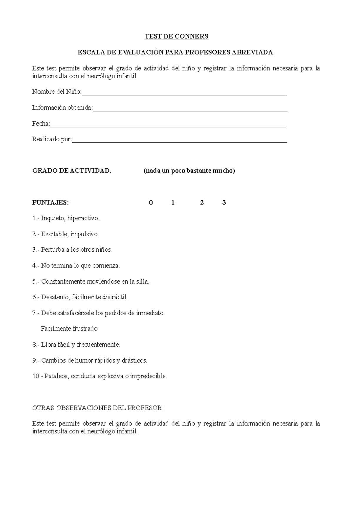 Escala de Evaluación del Test de Conners para Profesores - Studocu