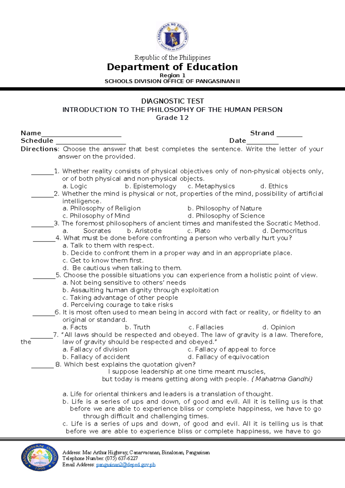 Grade 12 Philosophy Diagnostic Test for Human Person Studies - Studocu