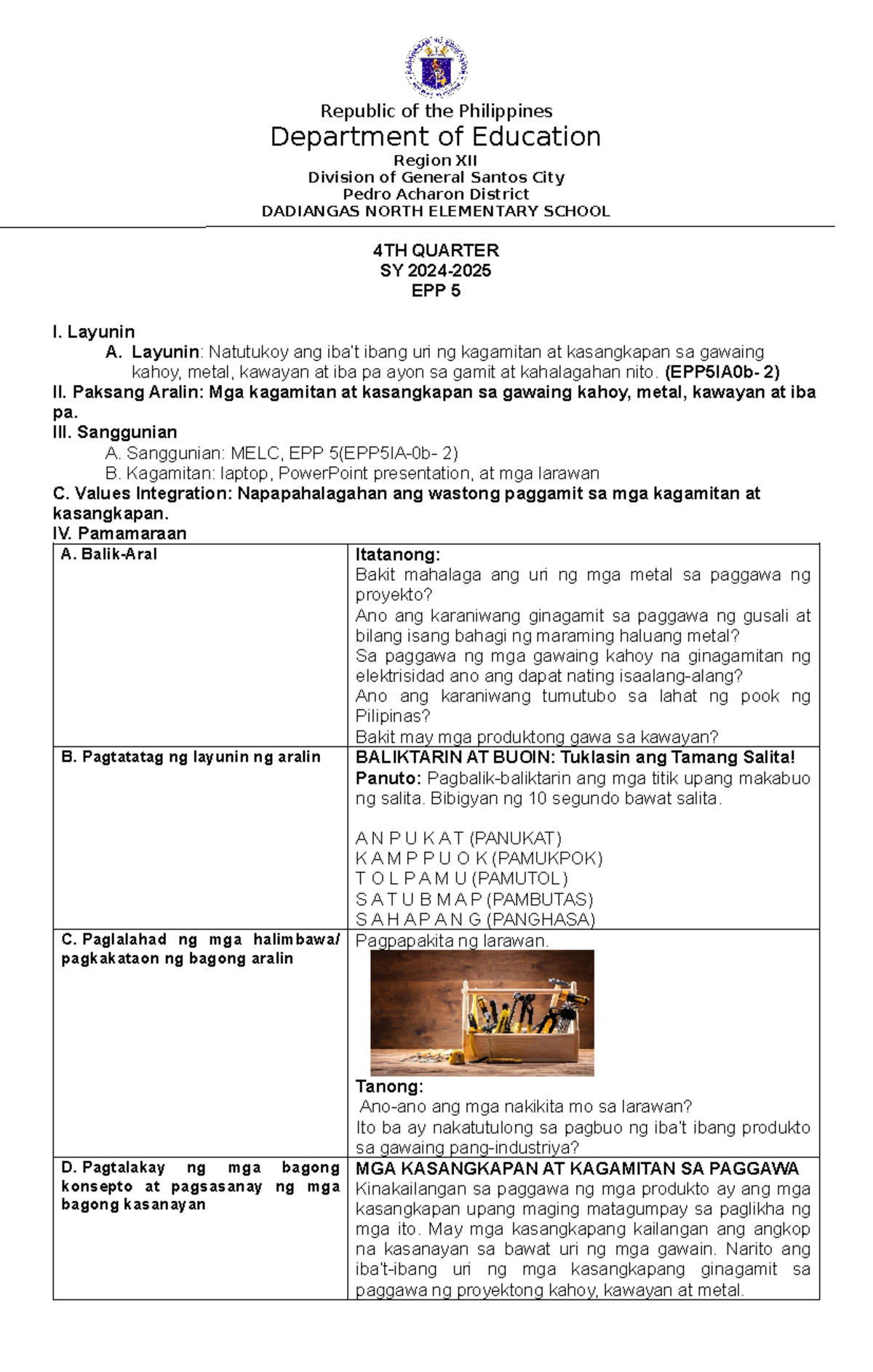 EPP 5 - Lesson Plan on Tools and Equipment for Woodworking - Studocu