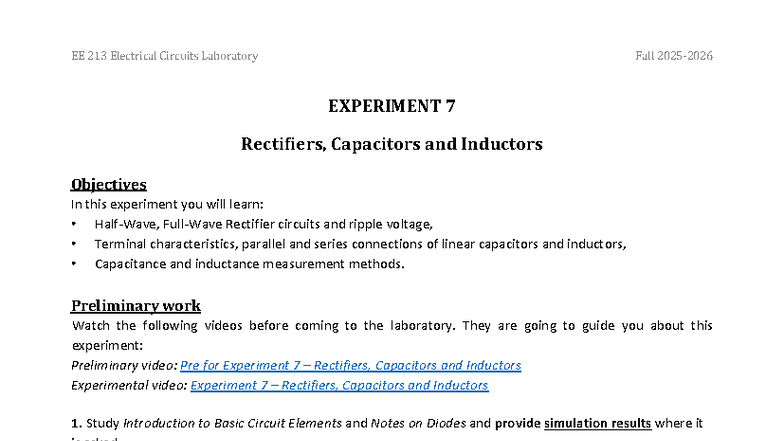 EE 213 Electrical Circuits Lab: Experiment 7 on Rectifiers & Capacitors ...