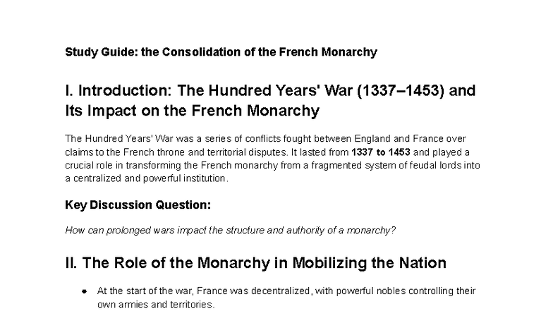 Study Guide: Consolidation of the French Monarchy (HIST 101) - Studocu