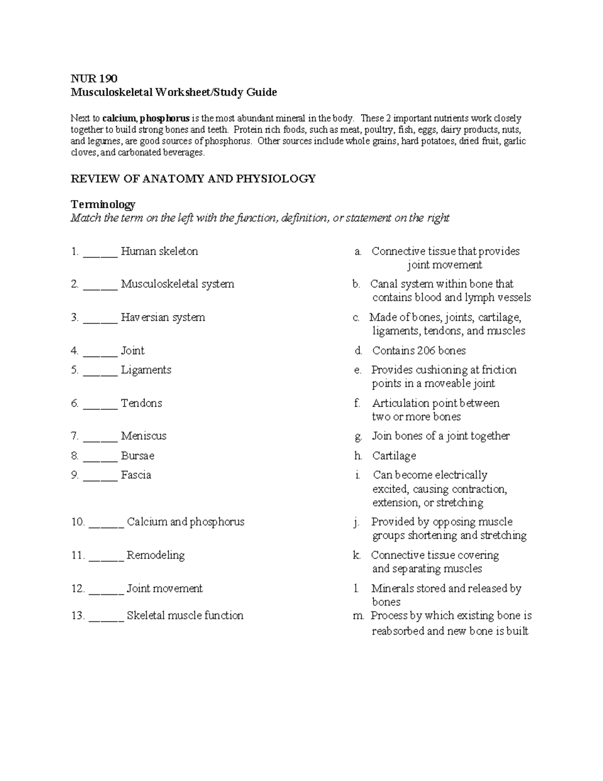 NURS 190 Musculoskeletal System Study Guide and Review - Studocu