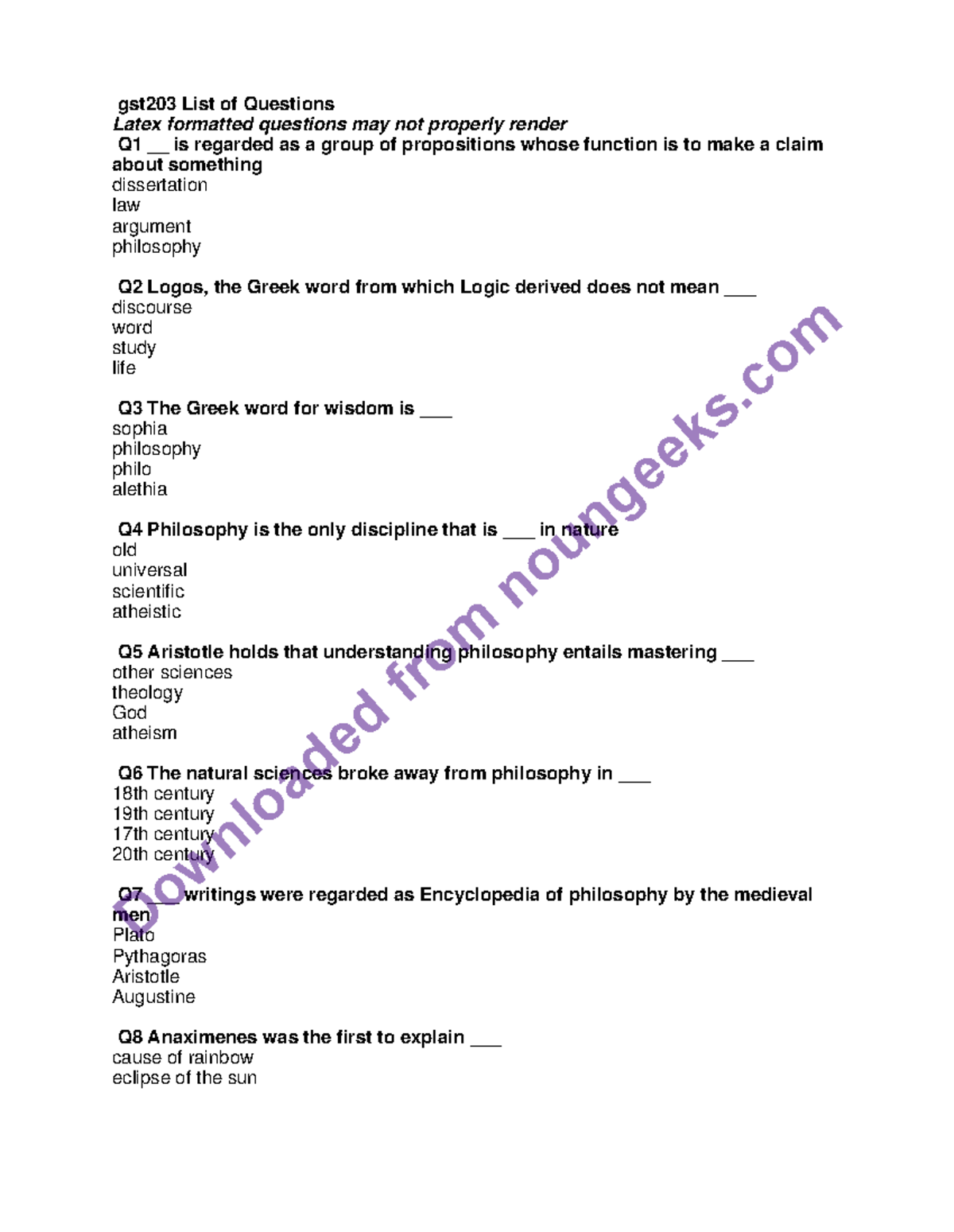GST203 Past Questions: Philosophy and Logic Insights - Studocu