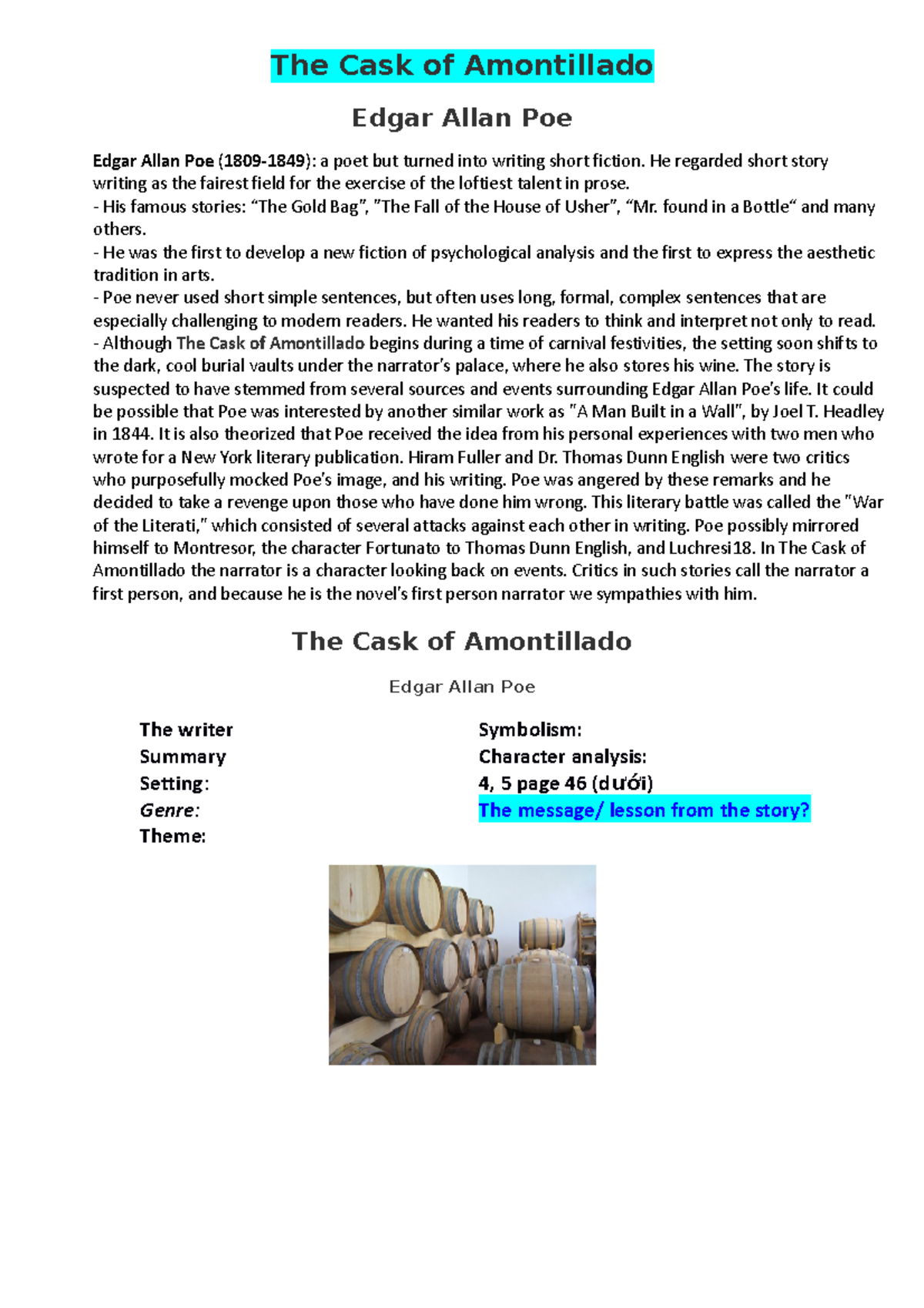 The Cask of Amontillado (ENG 101) Study Notes and Analysis - Studocu