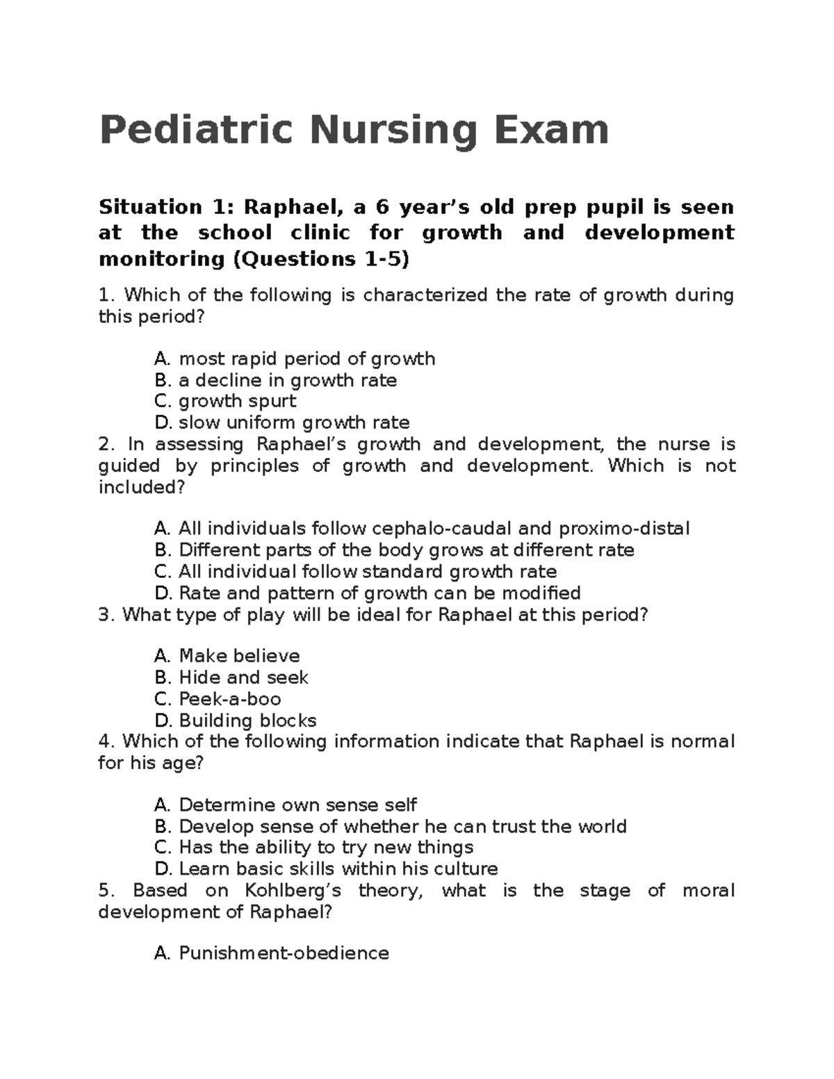 Pediatric Nursing: Growth & Development Exam Questions (PNE 101) - Studocu