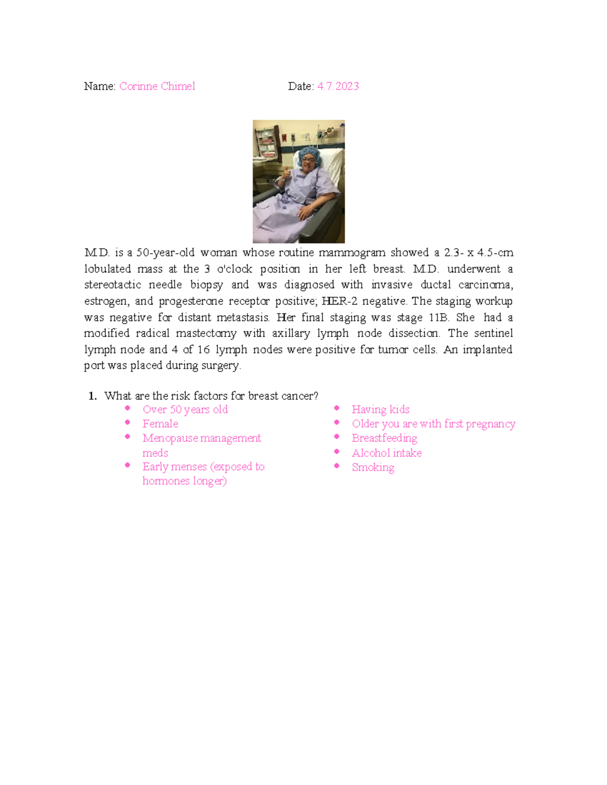 Breast Cancer Case Study: M.D.'s Diagnosis, Treatment, and Care Plan ...