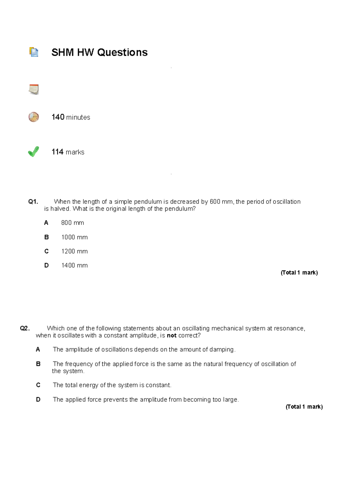 A2-SHM - Example Essay Questions on Simple Harmonic Motion - Studocu
