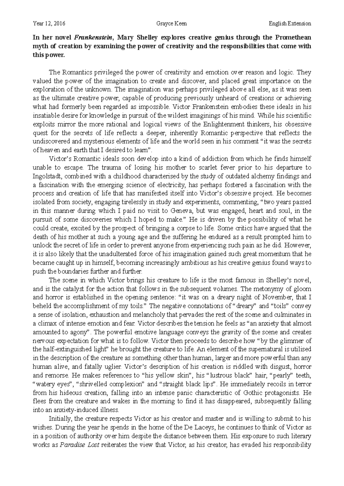 Year 12 English Extension 1 (1478002449) - Frankenstein Analysis Notes ...