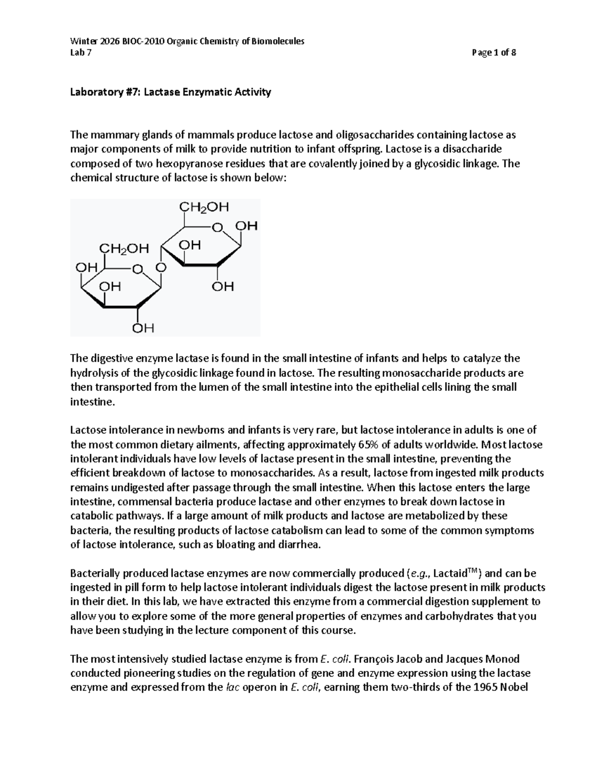 Winter 2026 Organic Chemistry of Biomolecules Lab 7: Lactase Enzymatic ...
