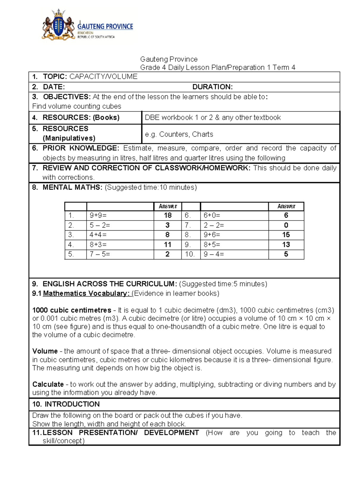 Grade 4 Term 4 Capacity & Volume Lesson Plans - Studocu