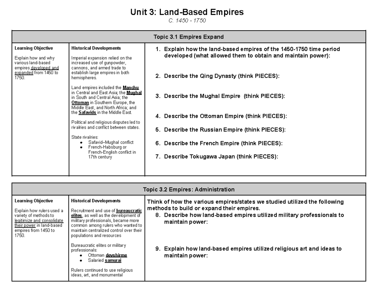 Copy of AP World History Unit 3 Study Guide - Unit 3: Land-Based ...