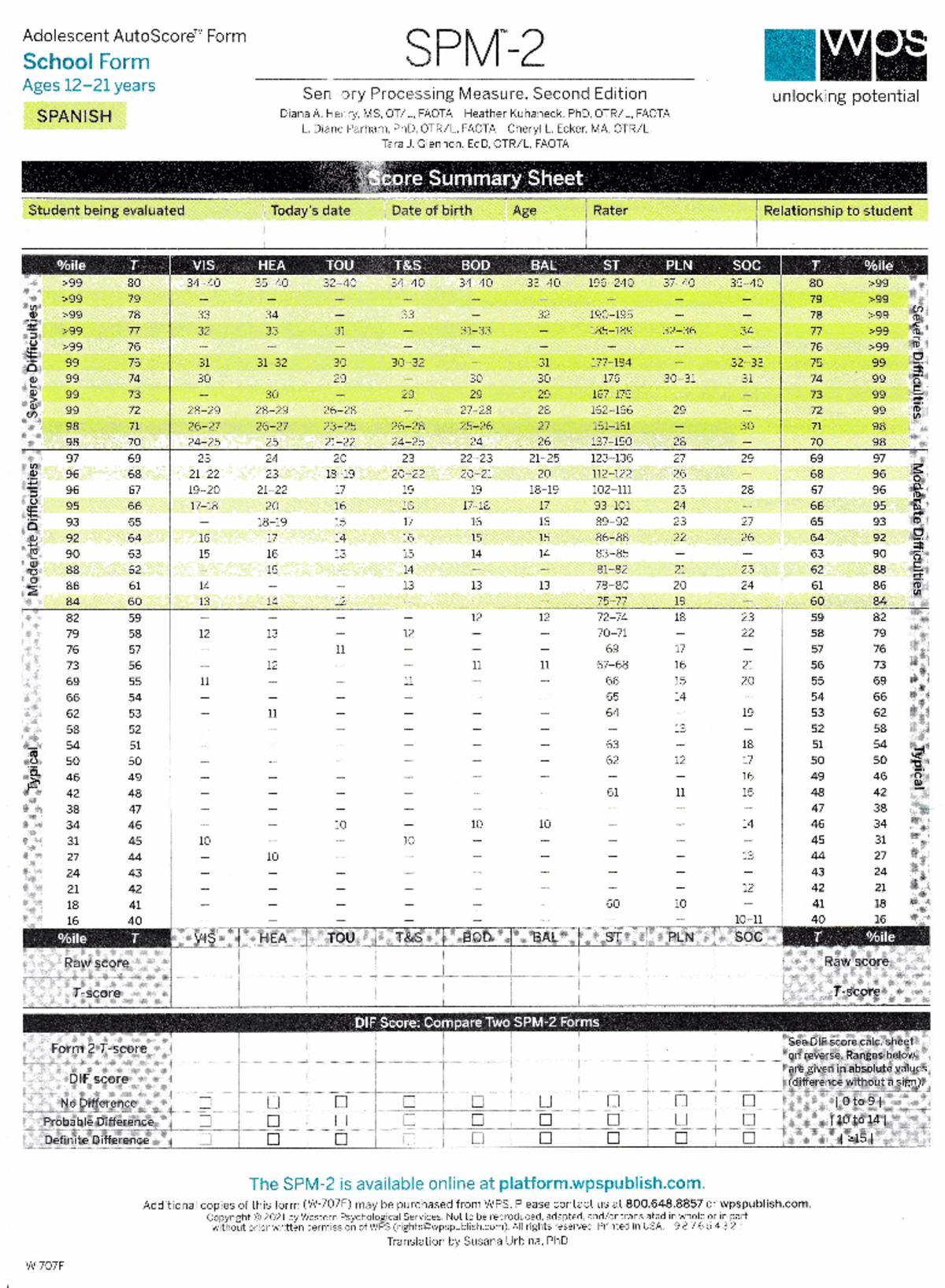 SPM 2 Adolescent escolar Completo - Adolescent Form WOS School Form Ages years Sen ory ...
