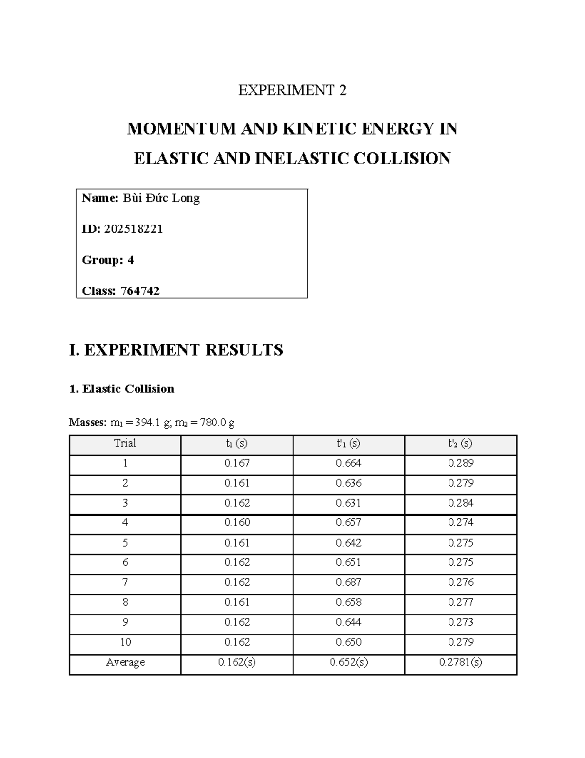 Experiment 2: Momentum & Kinetic Energy in Elastic/Inelastic Collisions ...