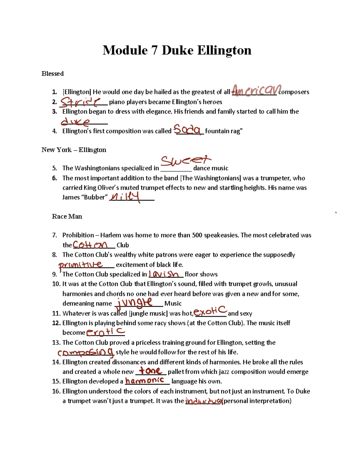 module 7 quiz worksheet kansas city - Module 7 Duke Ellington Blessed 1 ...