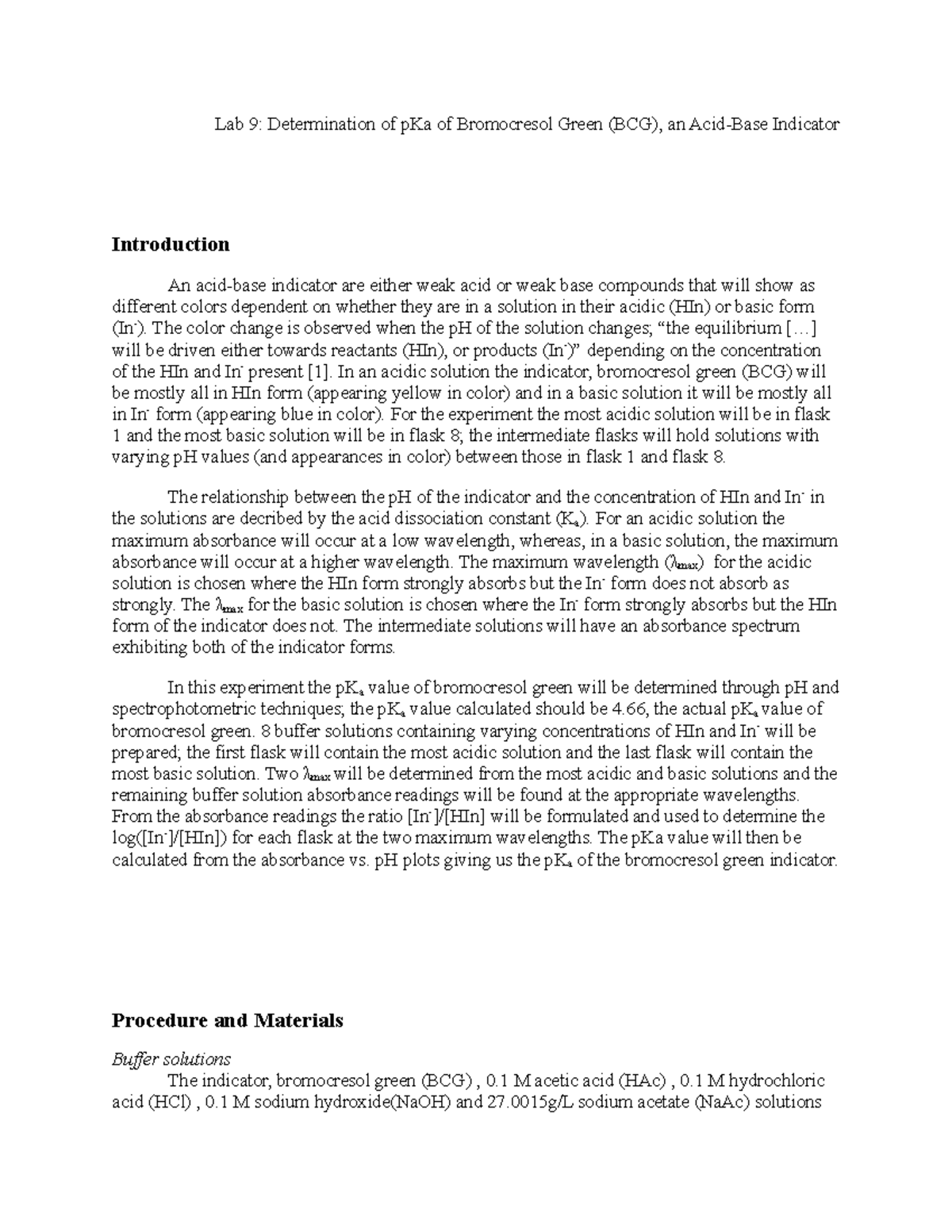 Analytical chemistry lab 9 report - Lab 9: Determination of pKa of Bromocresol Green (BCG), an ...