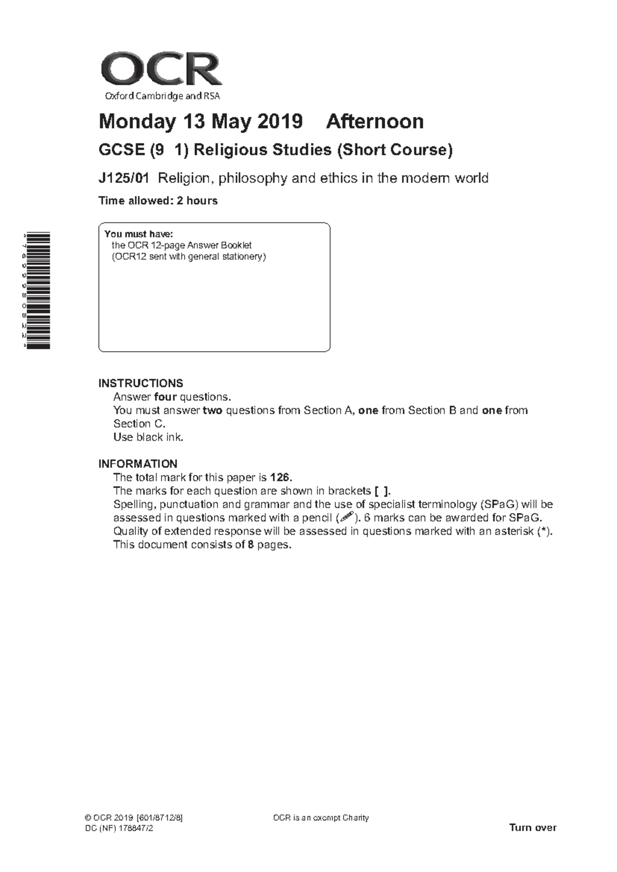 OCR GCSE Religious Studies (Short Course) Exam Paper - May 2019 - Studocu