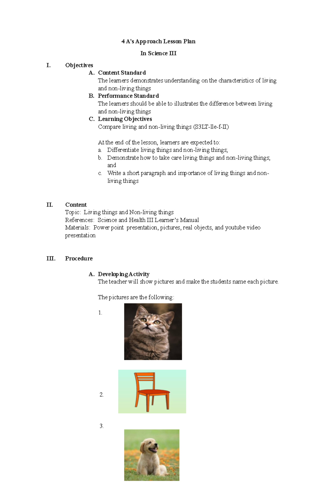 BEED - 4 A's Lesson Plan on Living & Non-Living Things - Studocu