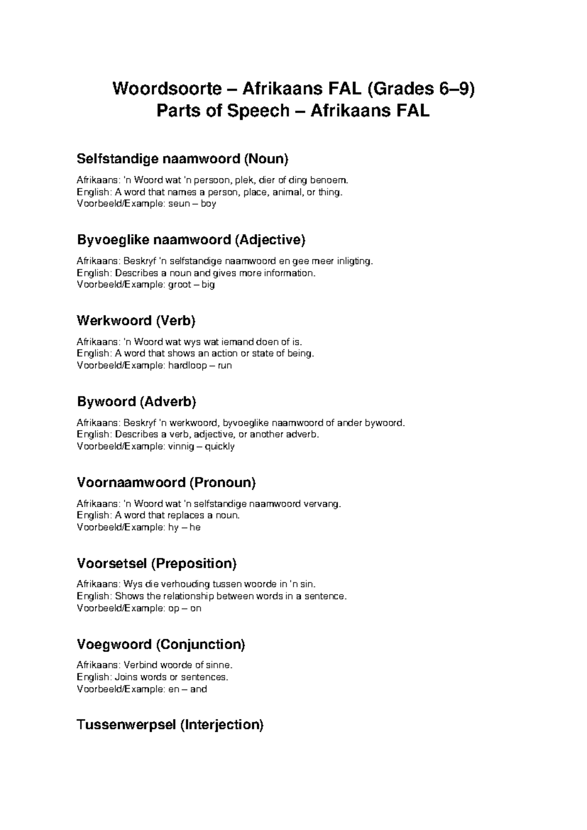 Woordsoorte in Afrikaans FAL (Grade 6-9) - Parts of Speech Guide - Studocu