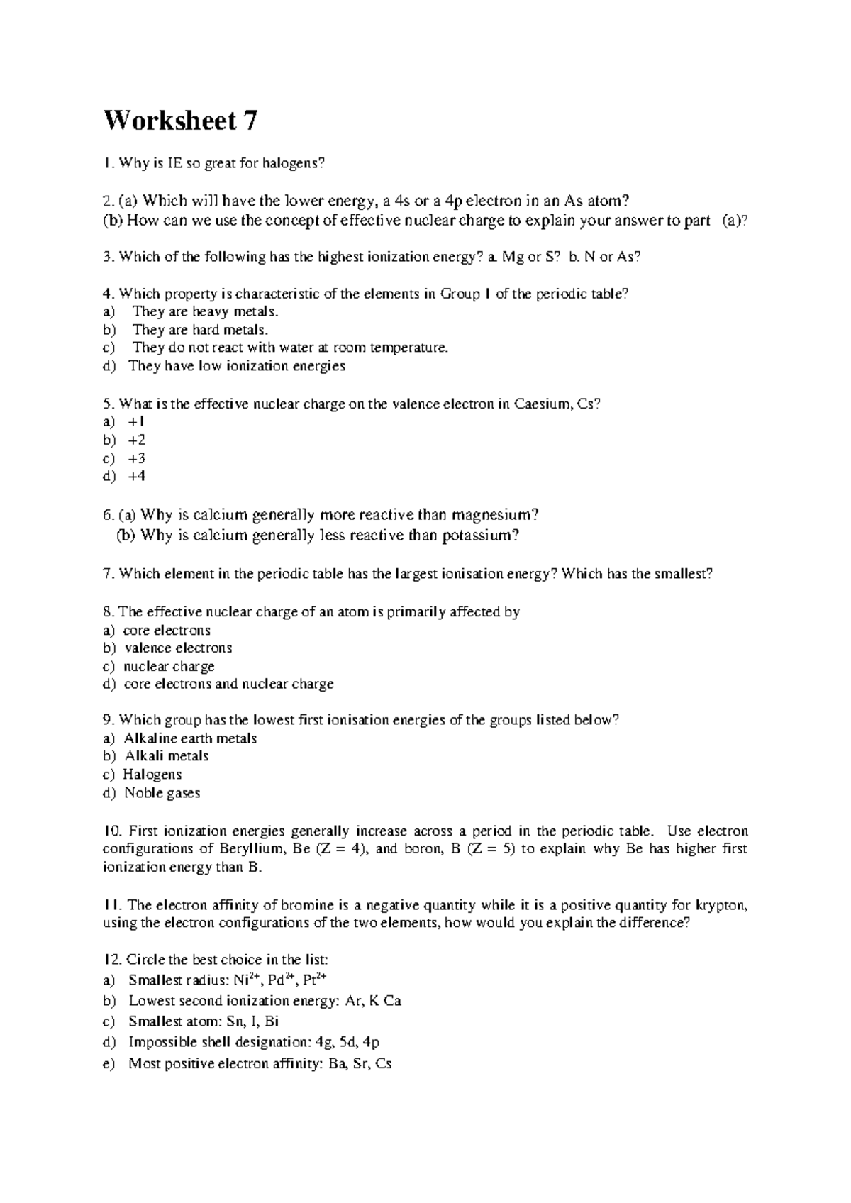 CHEM110 Worksheet 7: Exploring Periodic Trends and Properties - Studocu