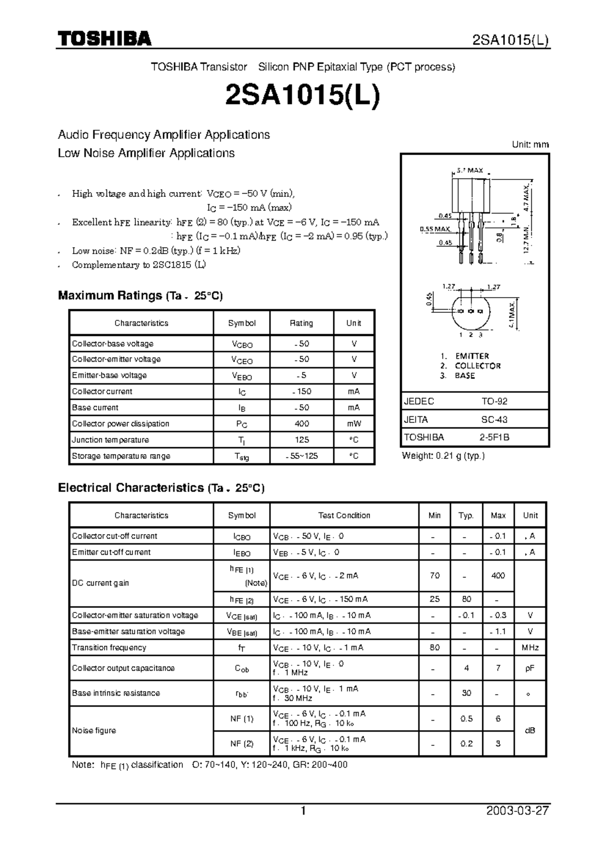 2SA1015(L) - EE330 TOSHIBA PNP Transistor Specs & Applications - Studocu