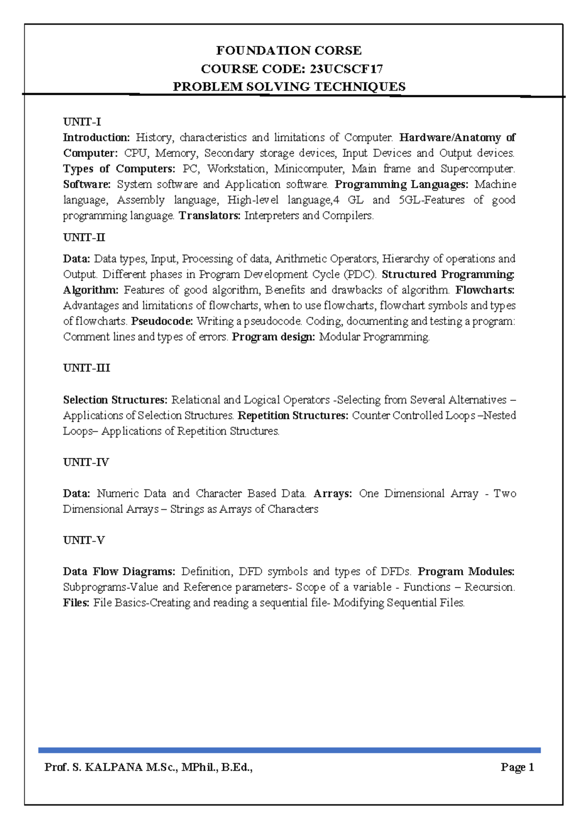 FOUNDATION COURSE: PROBLEM SOLVING TECHNIQUES (23UCSCF17) - Studocu