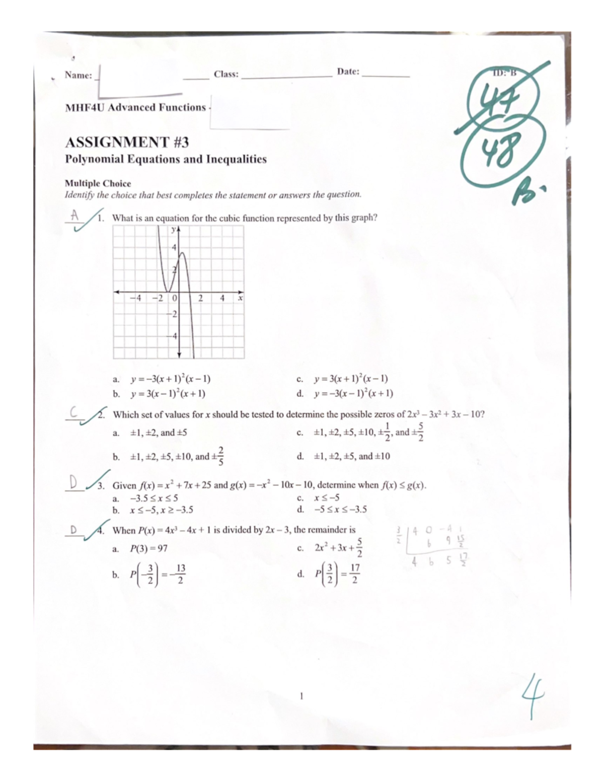 MHF4U Advanced Functions - B A 1. What is an equation for the cubic ...