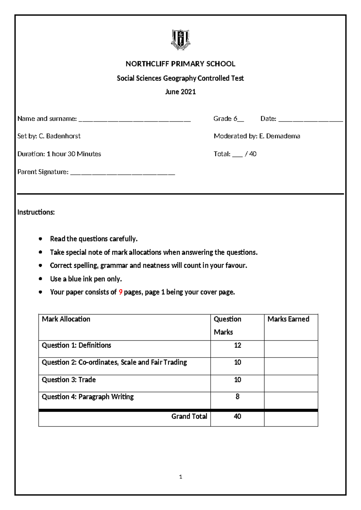 Grade 6 Social Sciences Geography Controlled Test - June 2021 - Studocu