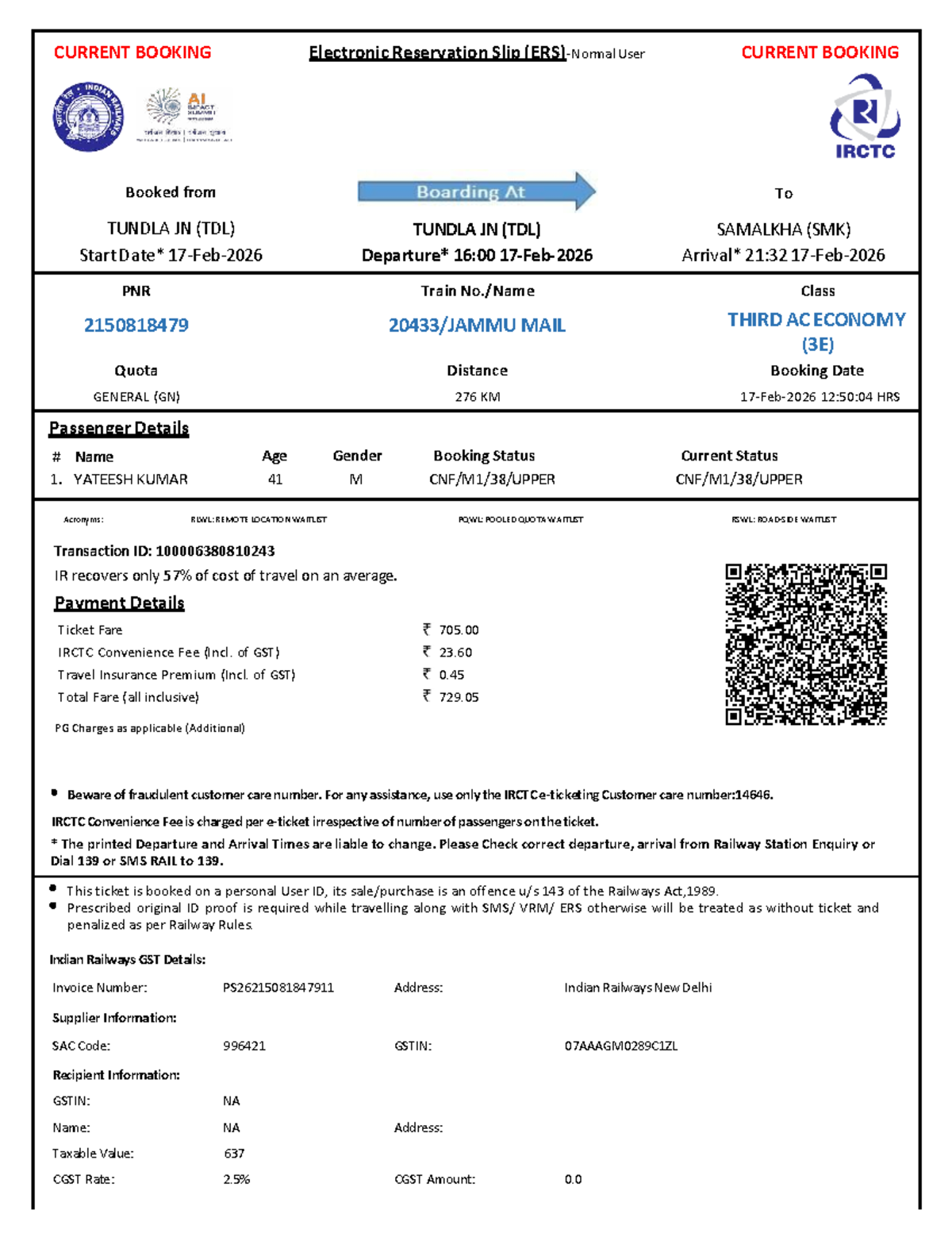 Electronic Reservation Slip for Train 2150818479 - TUNDLA JN to ...