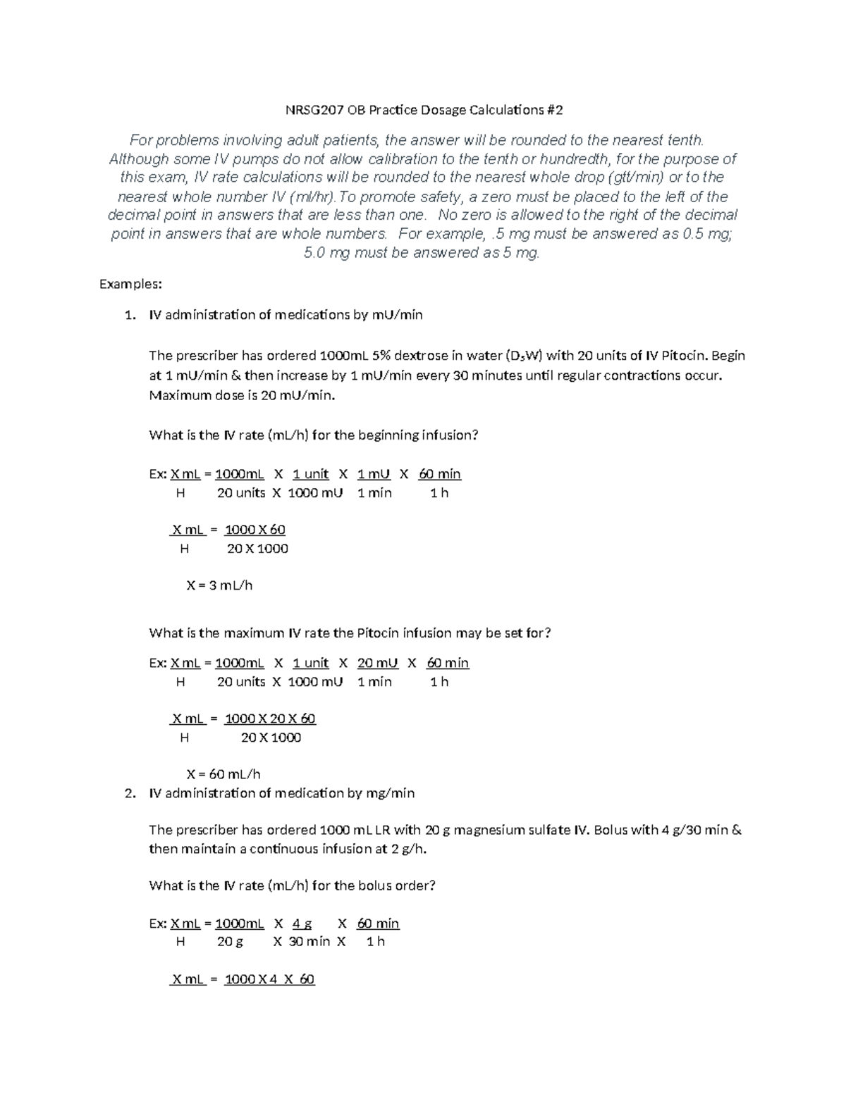 NRSG207 OB Practice Dosage Calculations - Practice Problems & Examples ...